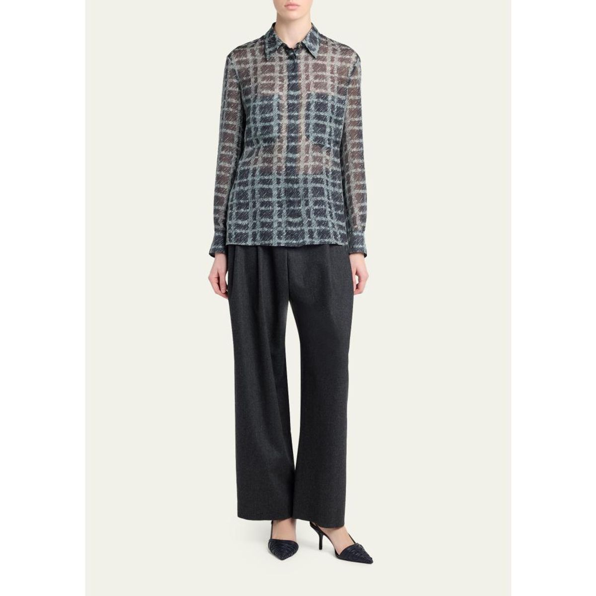GIORGIO ARMANI sheer silk plaid button-front shirt